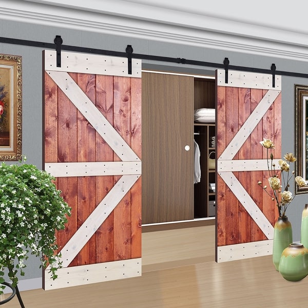 Two-Tone Paneled Wood Double Barn Door with Installation Hardware Kit ...