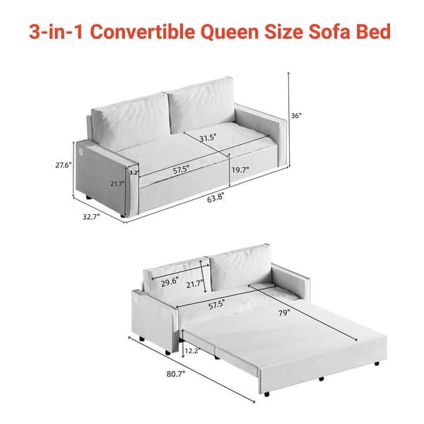 63.8" Convertible Sleeper Sofa 3-in-1 Queen Pull Out Sofa Bed Velvet ...