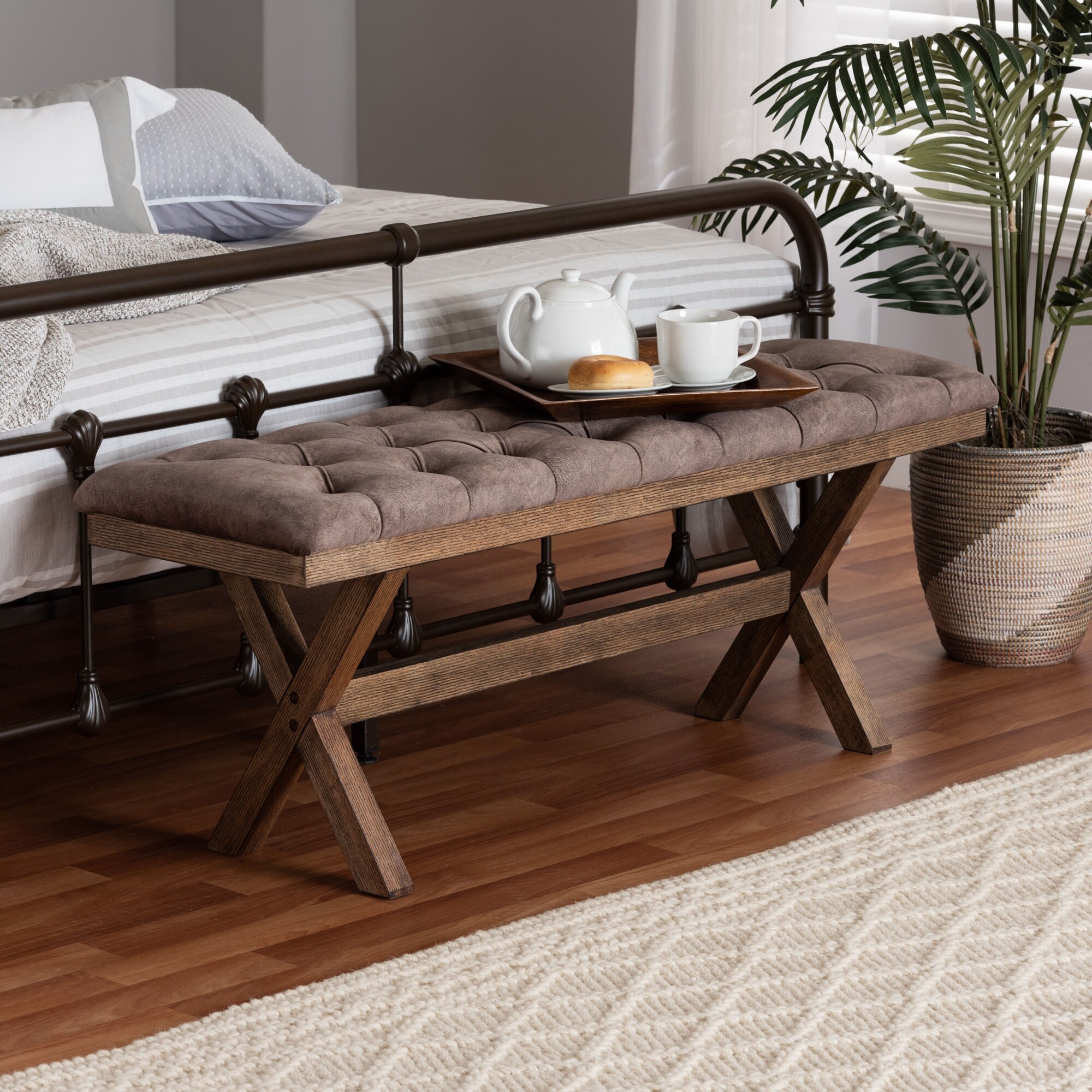 Cherene Modern Farmhouse Chocolate Velvet Fabric and Rustic Brown Finished Wood Bench On Sale Bed Bath Beyond 37457423