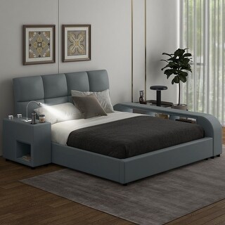 Modern Queen Upholstered Platform Bed Set with Multimedia Nightstand ...