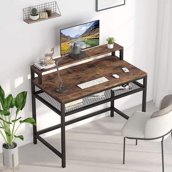 Industrial Computer Desk with Monitor Stand Workstation Metal Frame ...