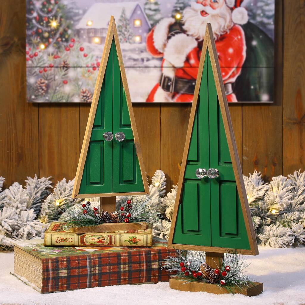 Glitzhome Set of 2 Wooden Christmas Tree Tabletop Decor w/Floral ...