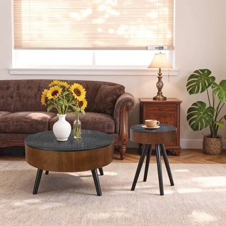 31.5-inch Round Carved Coffee Table with Storage Space, Mid-Century ...