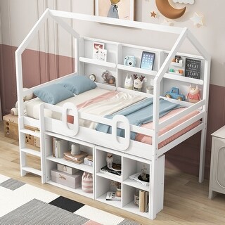 Charming Twin Size House Loft Bed with Multi-Shelf Storage and Hidden ...
