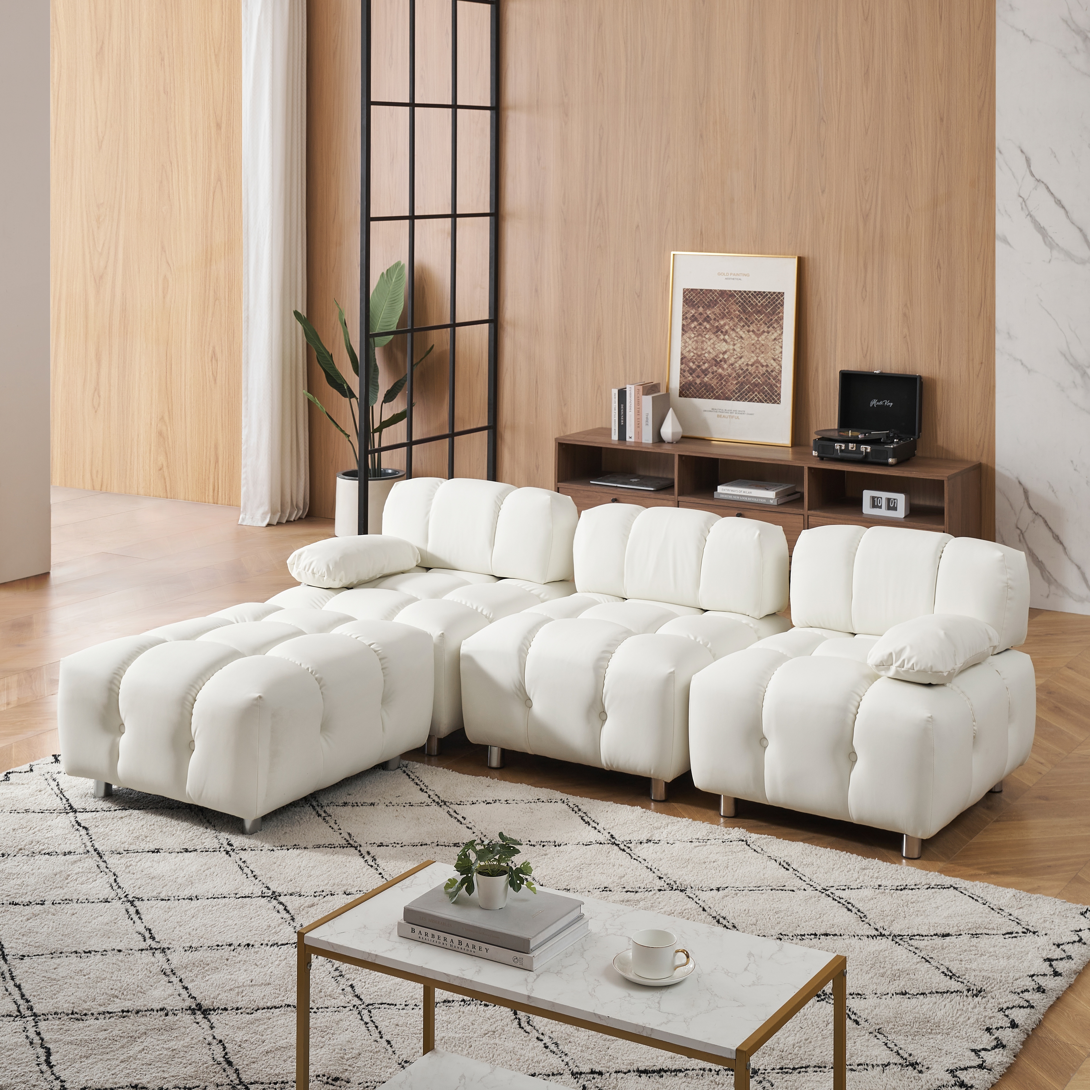 90.60 Tech Fabric L Shaped Three Seater Cushioned Sofa New