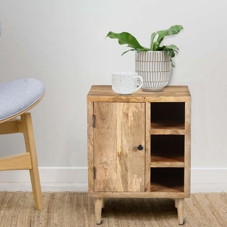 Wood Side Table with Open Cubbies and Door Storage, Natural Brown - Bed ...