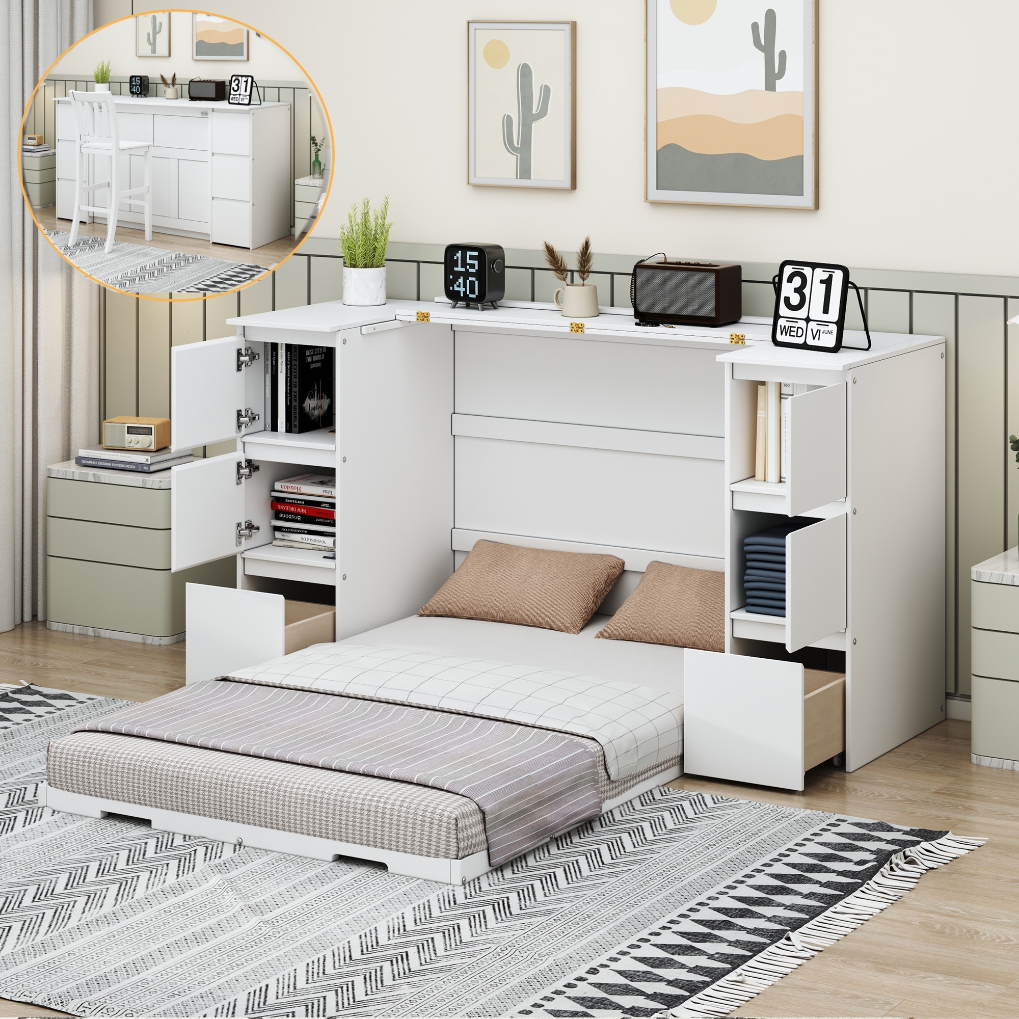 Twin Size Murphy Bed with Chair Storage Bed with 2 Drawers and 4 Cabinets USB Wooden Cabinets Convertible Bed Frame Bed Bath Beyond 41577358