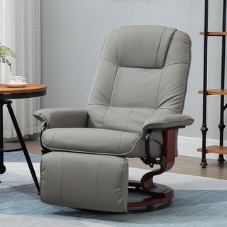 Grey Modern Round Wood Base PU Leather Swivel Manual Recliner with ...