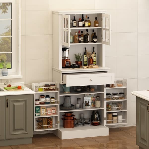 White Kitchen Pantry Microwave Storage Cabinet withAdjustable Shelves ...