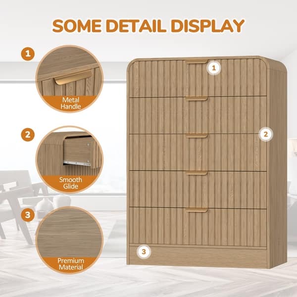 VEIKOUS 5-Drawer Chest of Drawers with Curved Edges & Waveform Fluted ...