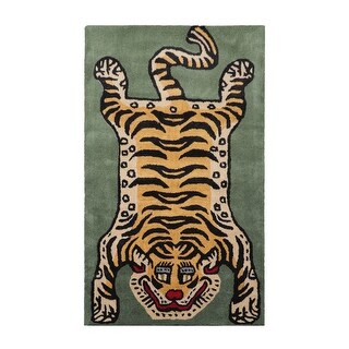 Hand Tufted Hand Made Wool Tiger Novelty Oriental Area Rug Celadon - 3 ...