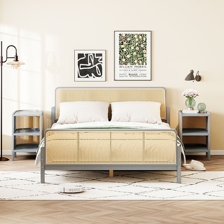 3 Pieces Rattan Full Platform Bed w/2 Nightstands, Storage Bed, Gray ...