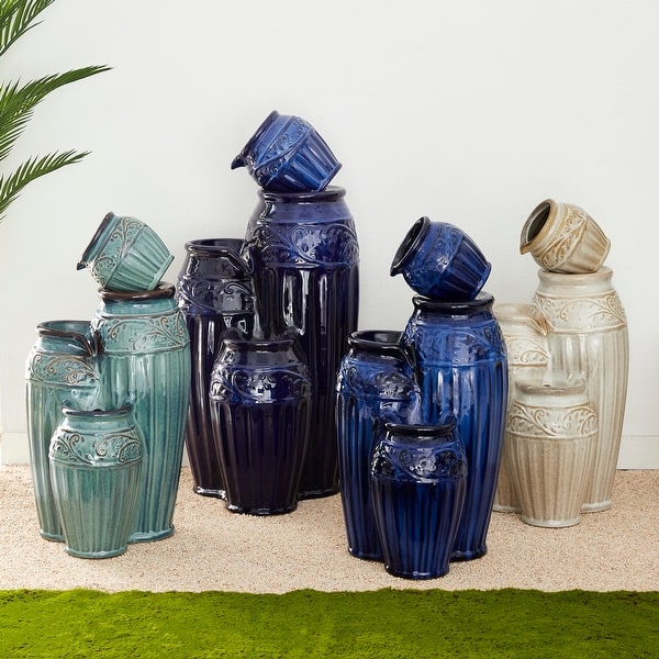 Glitzhome 27"H/35"H 4-Tier Embossed Pattern LED Ceramic Pots Fountain ...