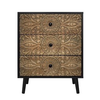 3 Drawer Cabinet with 3 Drawers, Solid Wood Hand-Carved Relief - Bed ...