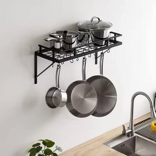Wall Mounted Matte Black Steel Pot Rack with Ten Hanging Hooks - Bed ...