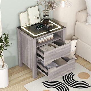 Nightstand with LED Light Top and Wireless Charging, 3 Color LED ...