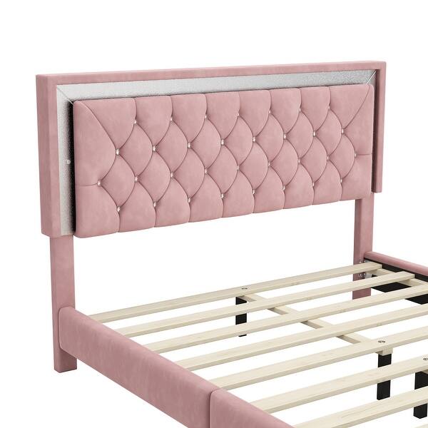 Pink Modern Queen Size Upholstered Bed Frame with LED Lights, Soft ...