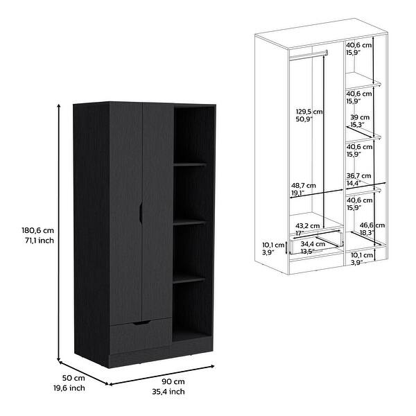 Armoire 71H" with 1-Drawer and 4-Tier Open Shelves, 2 Doors, Black ...