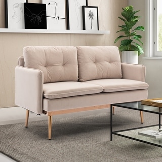 Small Space Loveseat Accent Sofa Soft Velvet Deep Seat Sofa, Beige ...