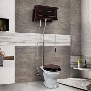 High Tank Toilet - Dark Oak Raised Tank, Round White Bowl Chrome L ...