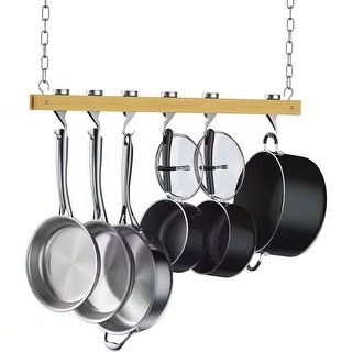 Ceiling Mounted Wooden Pot Rack with Hooks for Kitchen Storage - Bed ...