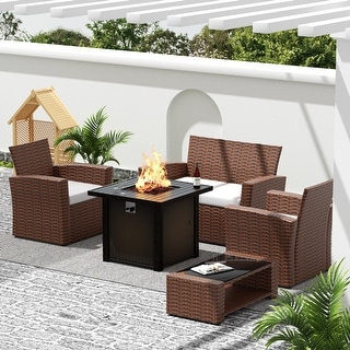 Glo 5-Piece Brown Wicker Patio Set with Propane Fire Pit - Bed Bath ...