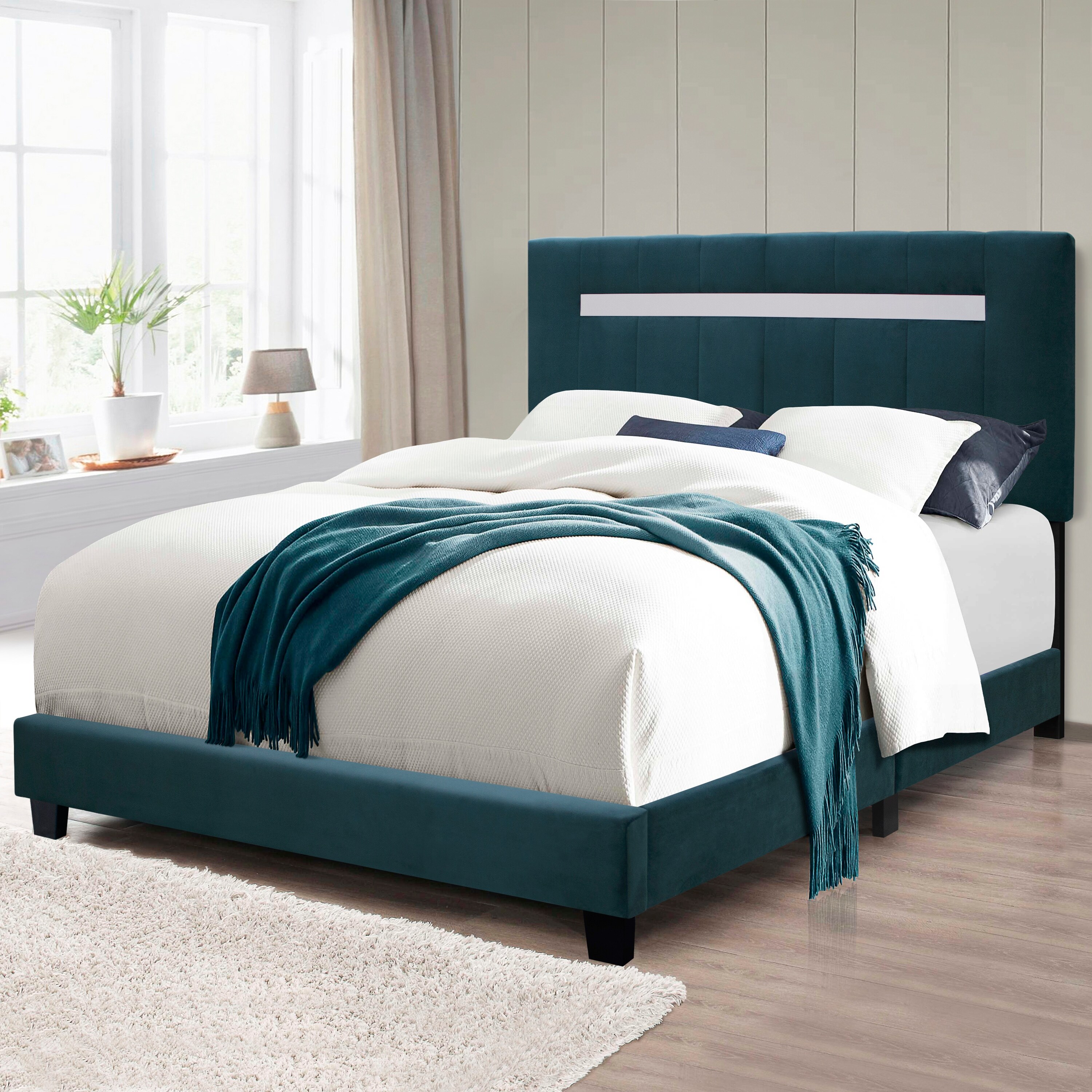 Adjustable Queen Size Upholstered Bed Frame Velvet Fabric Laminated Bed ...