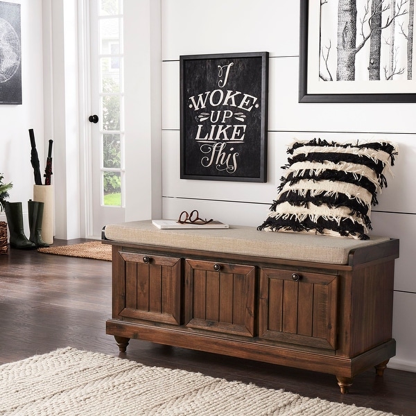 Storage Bench with Linen Seat Cushion Antique White Finish by Inspire Q Classic