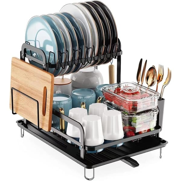 2 Tier Drying Rack Set with Drainboard for Glass and Utensils - Bed ...