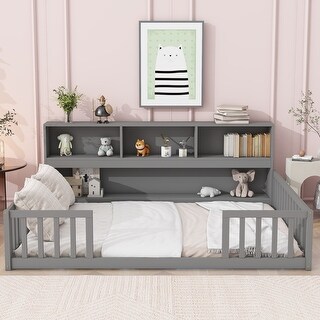 Full Floor Bed with Side Bookcase Shelves Guardrails - Bed Bath ...