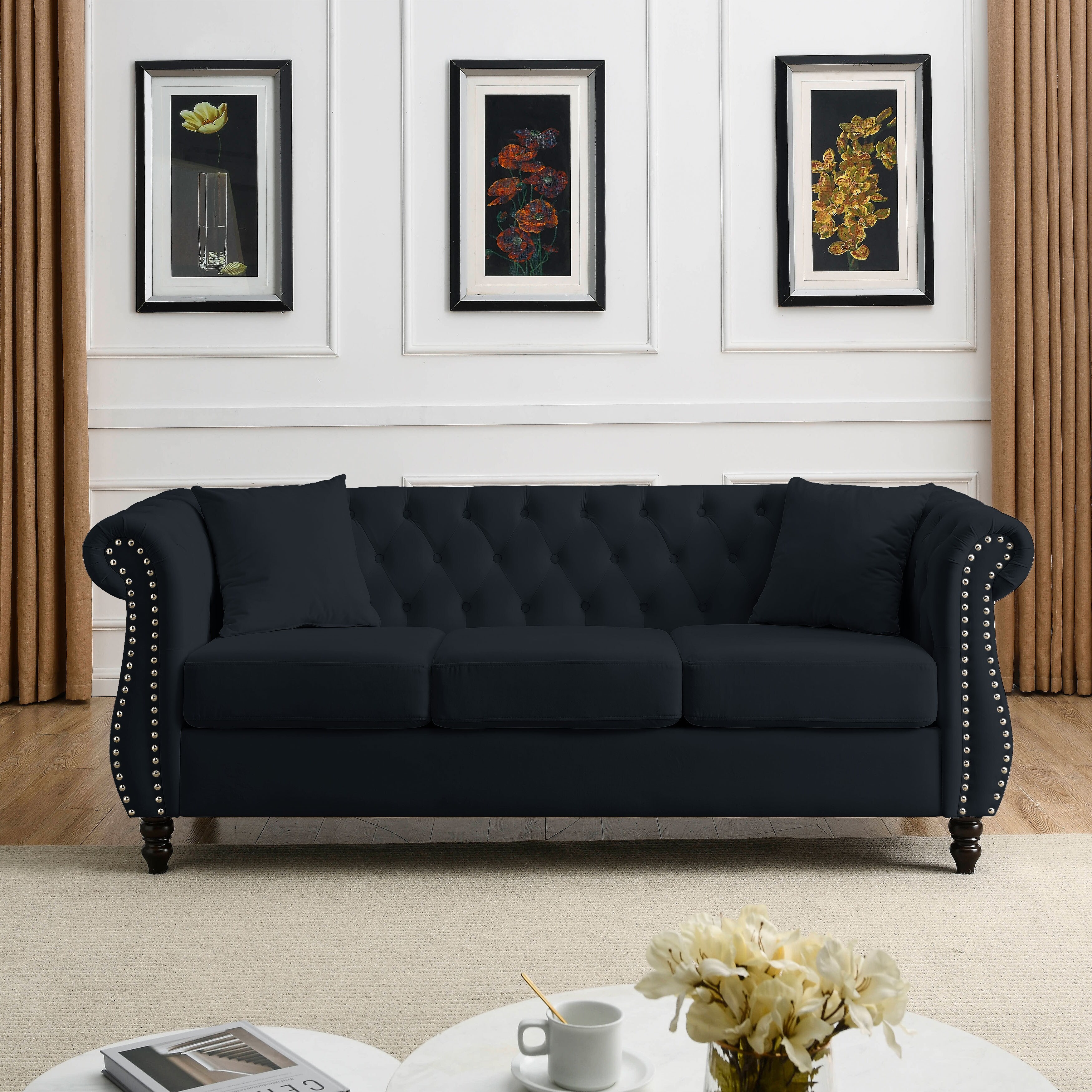 Button Tufted Low Back Sofa w Pillows Deep Seat Black Velvet Sofa w Nailheads Arm Removable Cushions Straight Row Couch
