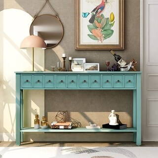 Blue console table solid wood sofa table bottom shelf entryway table ...