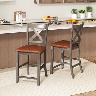 Set of 2 Bar Stools with Cross Back and Faux Leather Upholstered Seat ...