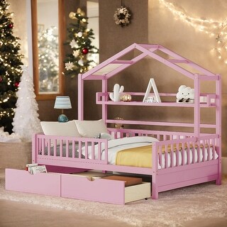 Wooden Full Size House Bed with 2 Drawers,Kids Bed with Storage Shelf ...