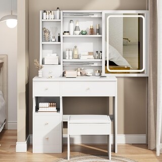 Compact Vanity Table with Left Drawer, Touch-Control LED Mirror, Padded ...