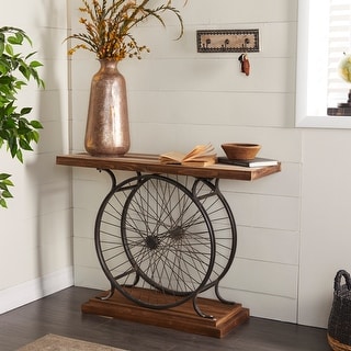 Brown Wood Wide Slatted Top Bike Console Table with Dual Wheel Frame ...