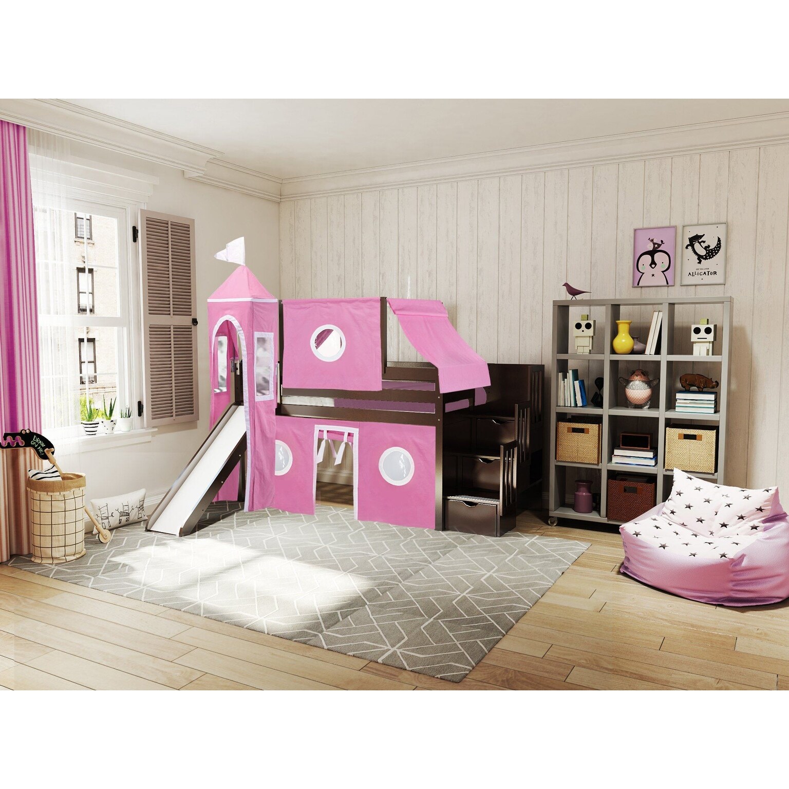 Jackpot Princess Twin Low Loft White Stairway Bed Pink Camo Tent Slide for sale online eBay