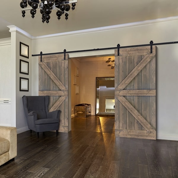 Paneled Wood Dark Brown Barn Door with Hardware Kit-Double Door - On ...