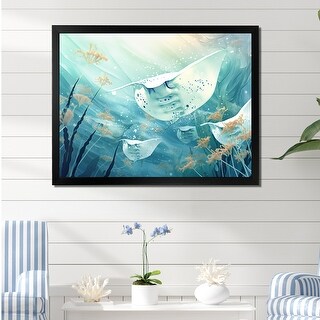 Designart "Monochome Manta Rays Dance" Coastal Coral Under Water Framed ...