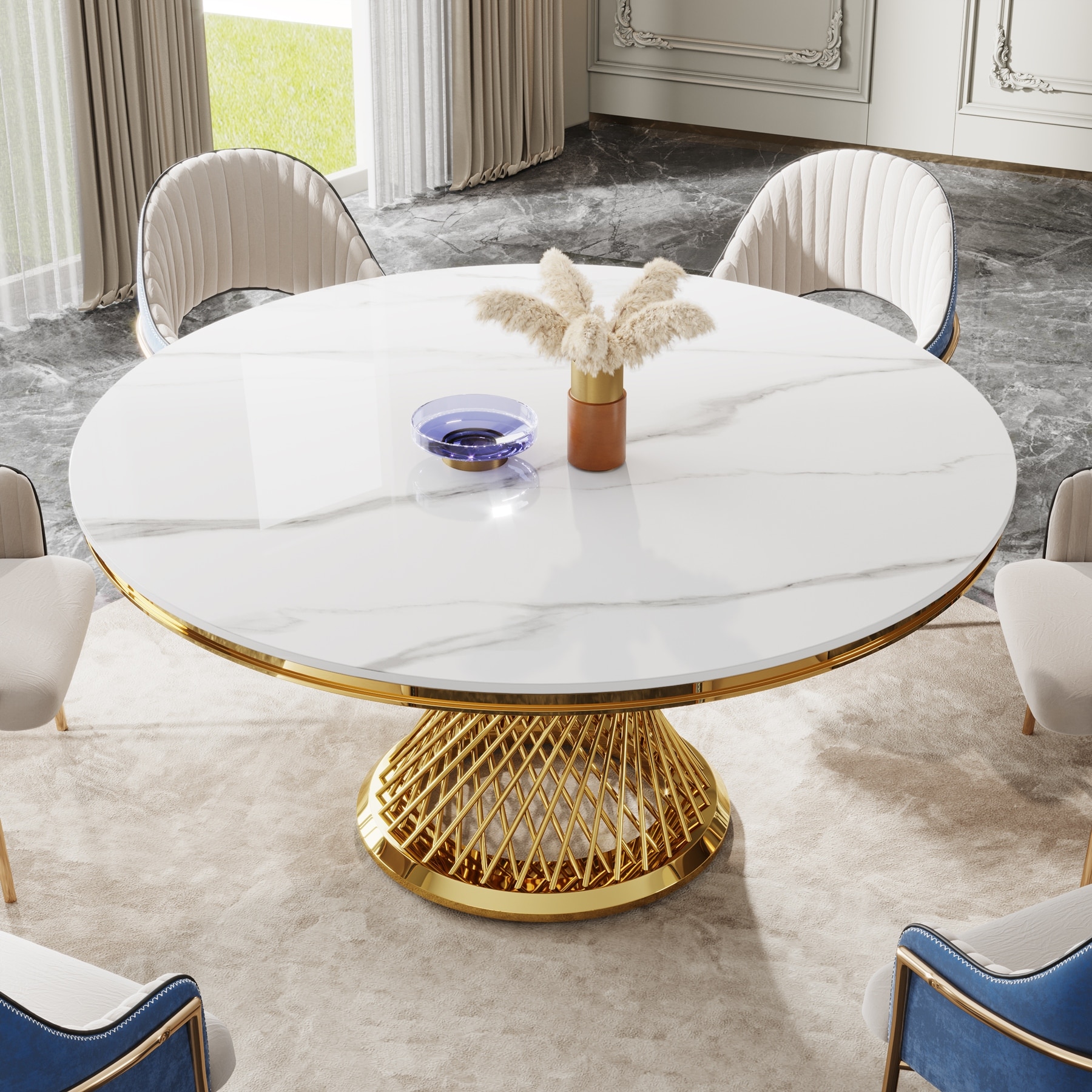 53'' Round Dining Table for 6, Modern White Sintered Stone Tabletop ...