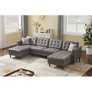Dark Grey U-shaped sofa Tech PU Leather, solid wood + artificial wood, sponge, rubber wood legs ...