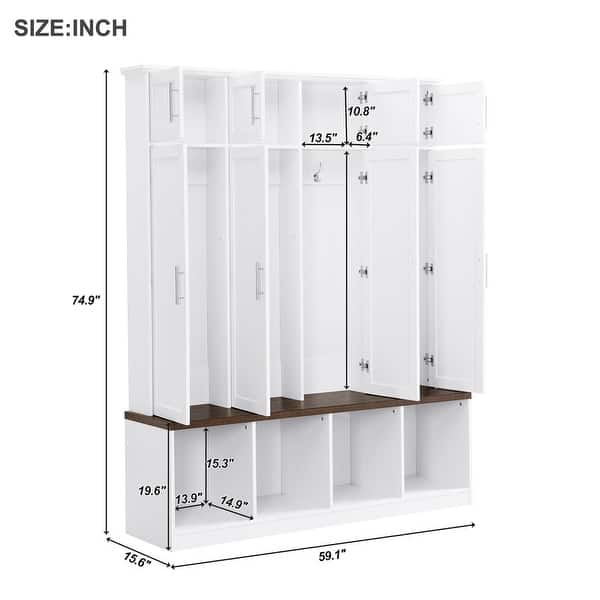 Hall Tree Hallway Storage Bench with Shoe Cubbies and Coat Rack with 6 ...