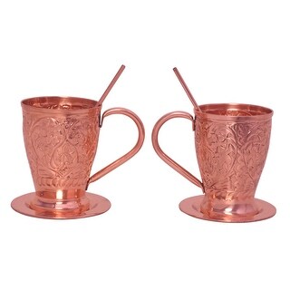 6 pc Copper Drinkware 2 Floral Embossed Cups Coasters and Straws 16 oz ...