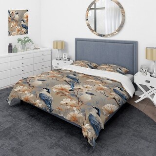 Designart "Beige And Blue Bird Flower" cottage bedding set with shams ...