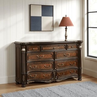 Ruth Wide Dresser, Real Marble, Mahogany Brown Solid Wood, 9 Drawers ...