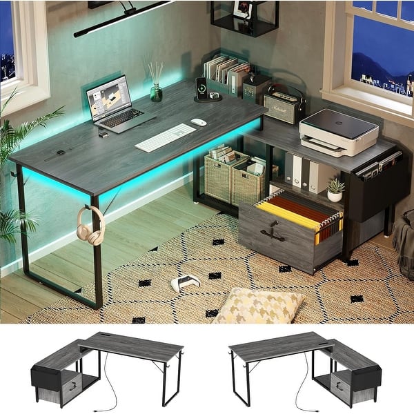 Gaming Desk with LED Lights Small Desk with Power Outlet - Bed Bath ...