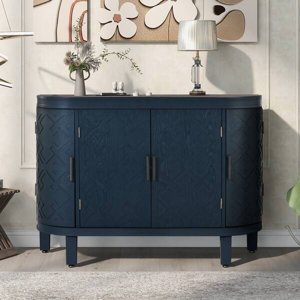 Navy Blue Wooden Entryway Storage Cabinet with Antique Pattern Doors ...