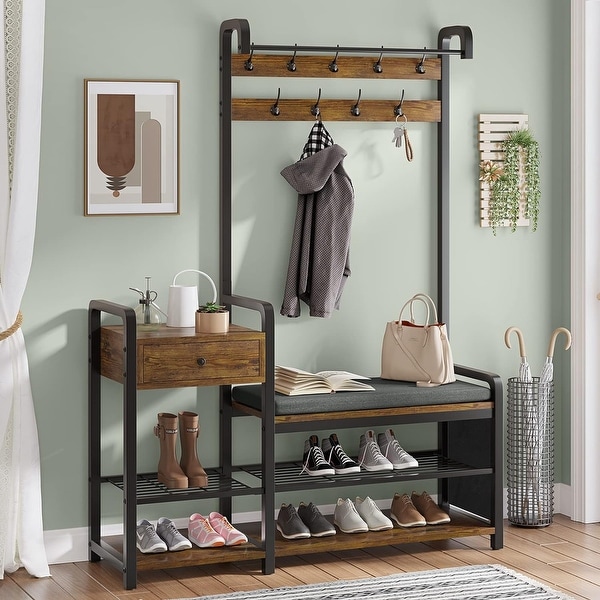 Hall Tree With 4 Hidden Hanging Hooks Shoe Storage Bench With Storage
