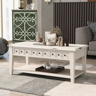 CTEX Vintage Soild Wood Coffee Table with 3 Drawers and Bottom Storage ...
