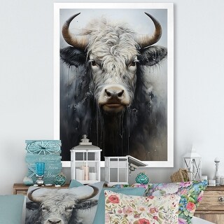 Designart "Minimalism Black And White Yak Painting" Yaks Framed Wall ...